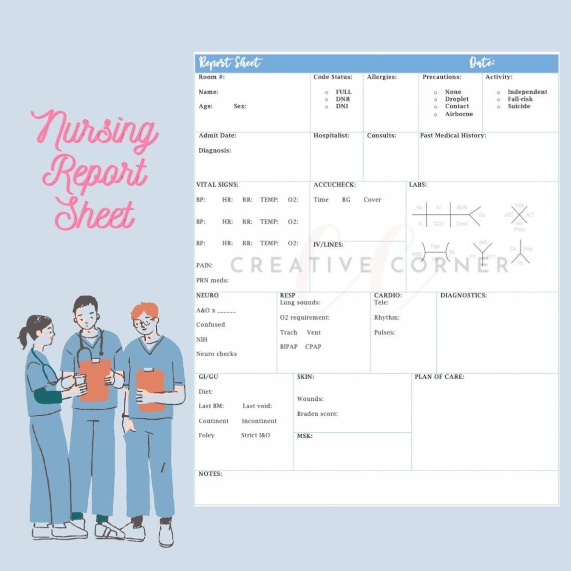 Nurse Report Sheet, Nursing Report Template, Nurse Shift Report, Nurse ...