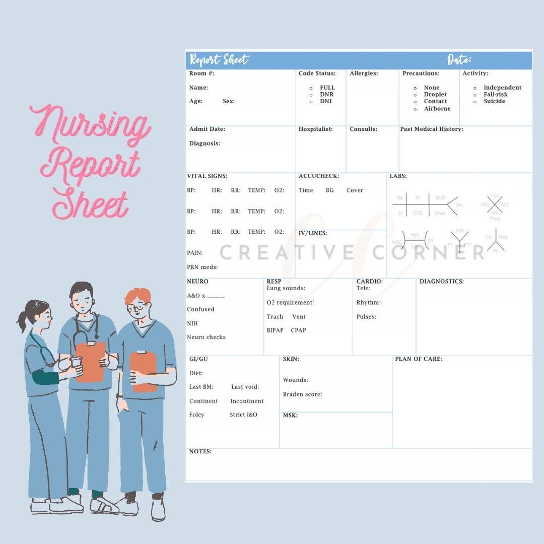Nurse Report Sheet, Nursing Report Template, Nurse Shift Report, Nurse ...