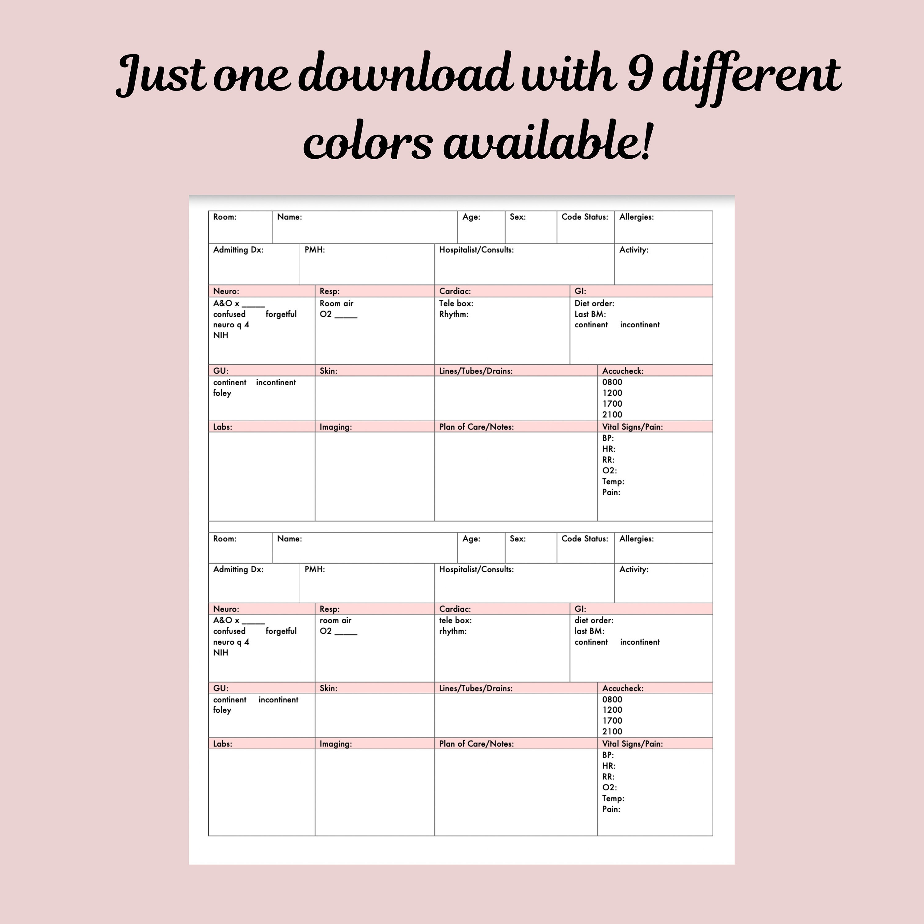 Nurse Report Sheet 2 Patient Report Sheet Medsurg Report Sheet Tele ...