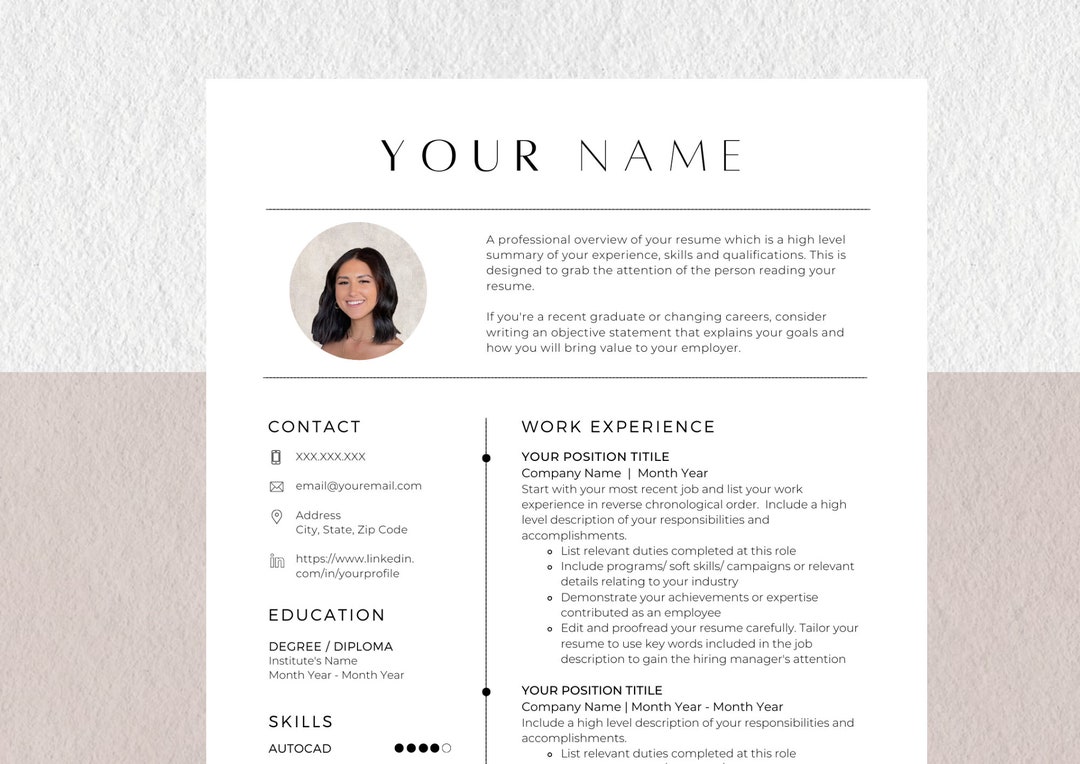 Professional Resume Template With Photo for Canva - Etsy