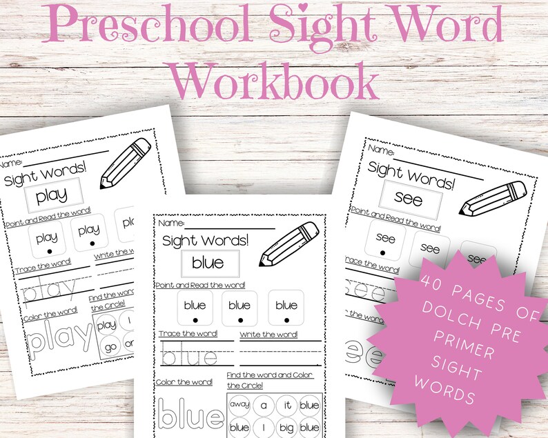 40 Sight Words Printable Worksheets Dolch Pre Primer Words Preschool ...