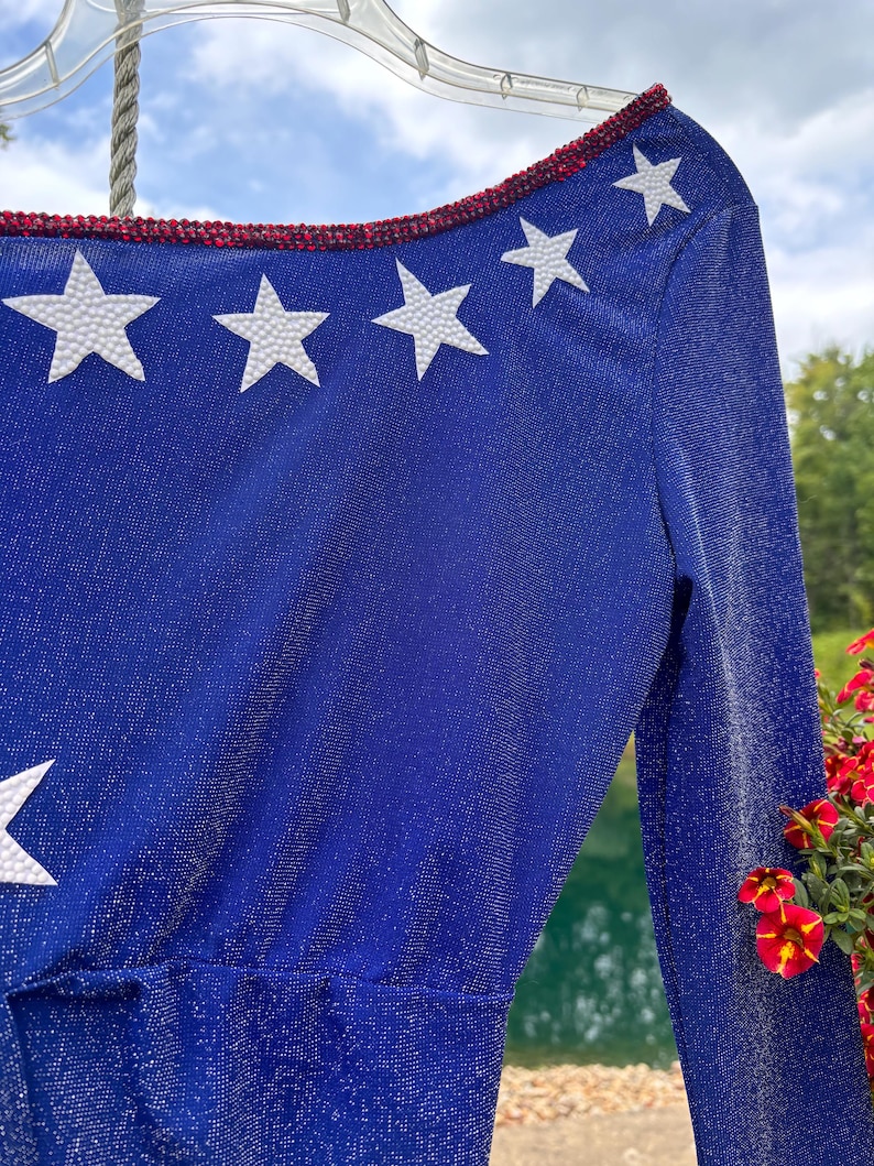 Custom Hand Stoned Patriotic Dress Red White and Blue Rhinestones White ...