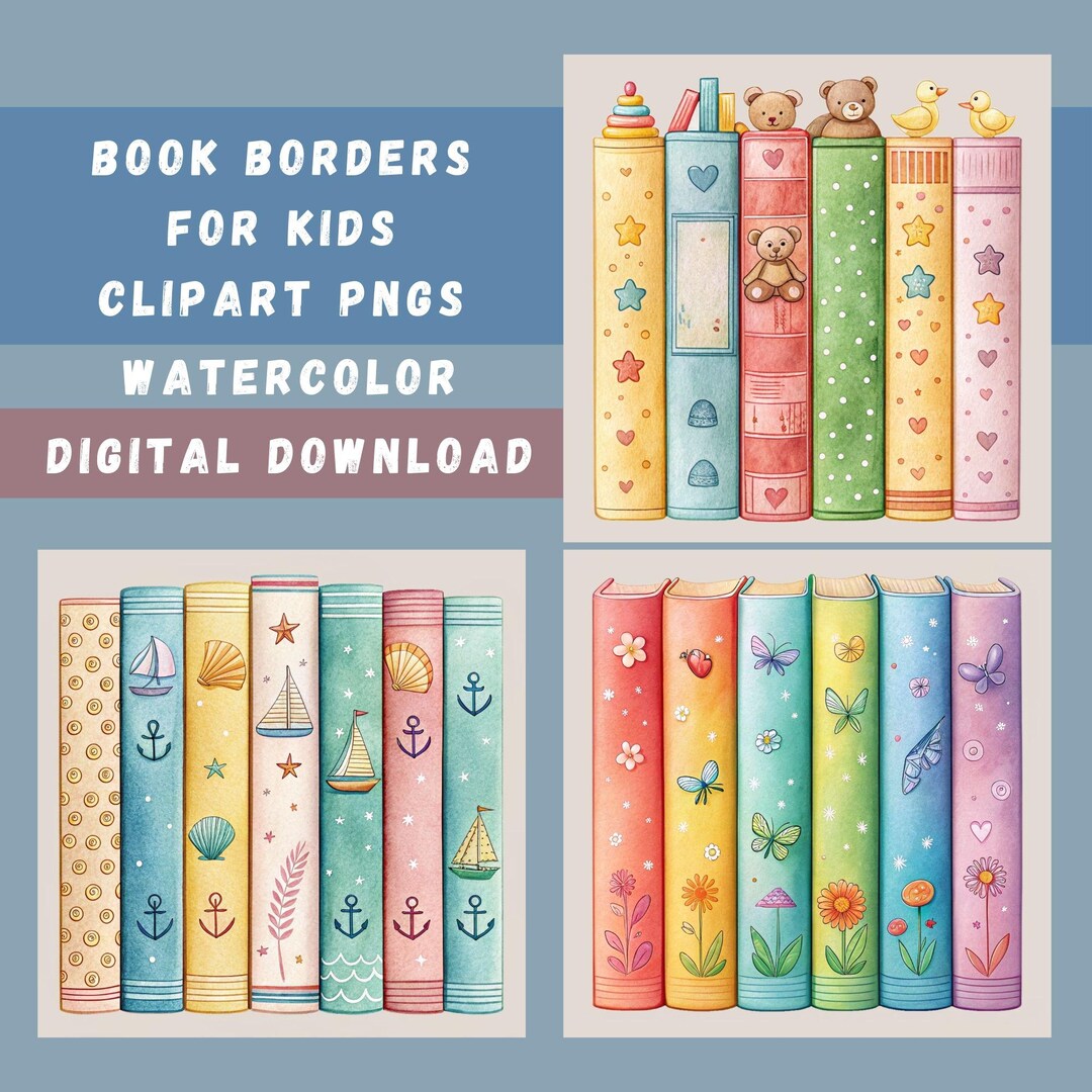 Book Border for Kids Clipart Bundle Cute Books Teacher Library Graphic ...