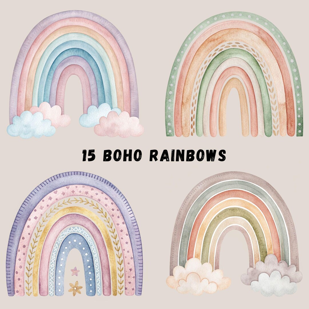 Boho Rainbows Clipart Bundle, 15 Watercolor Rainbows, Rainbow ...