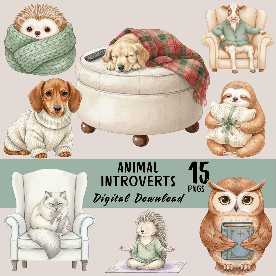 Animal Introverts Clipart Bundle, Watercolor Whimsical Style - Etsy