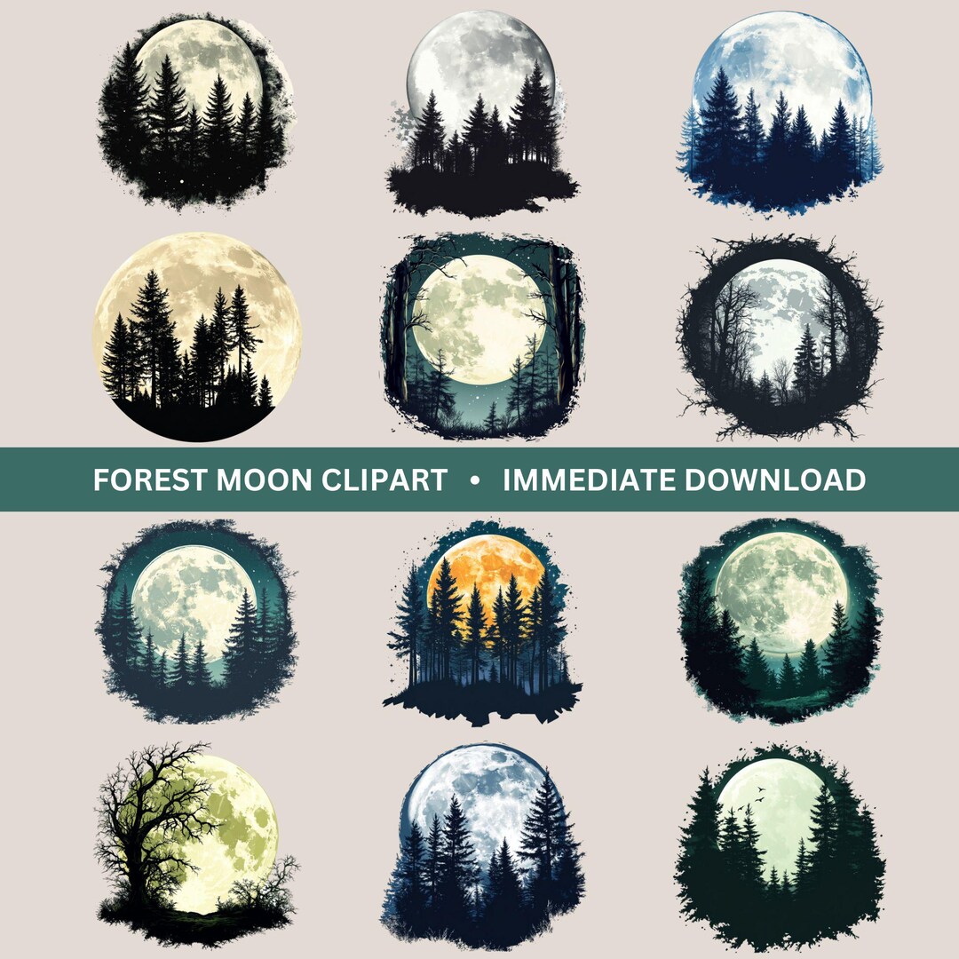 Forest Moon Clipart Bundle, 12 Forest Moon Graphics, Full Moon Graphics ...