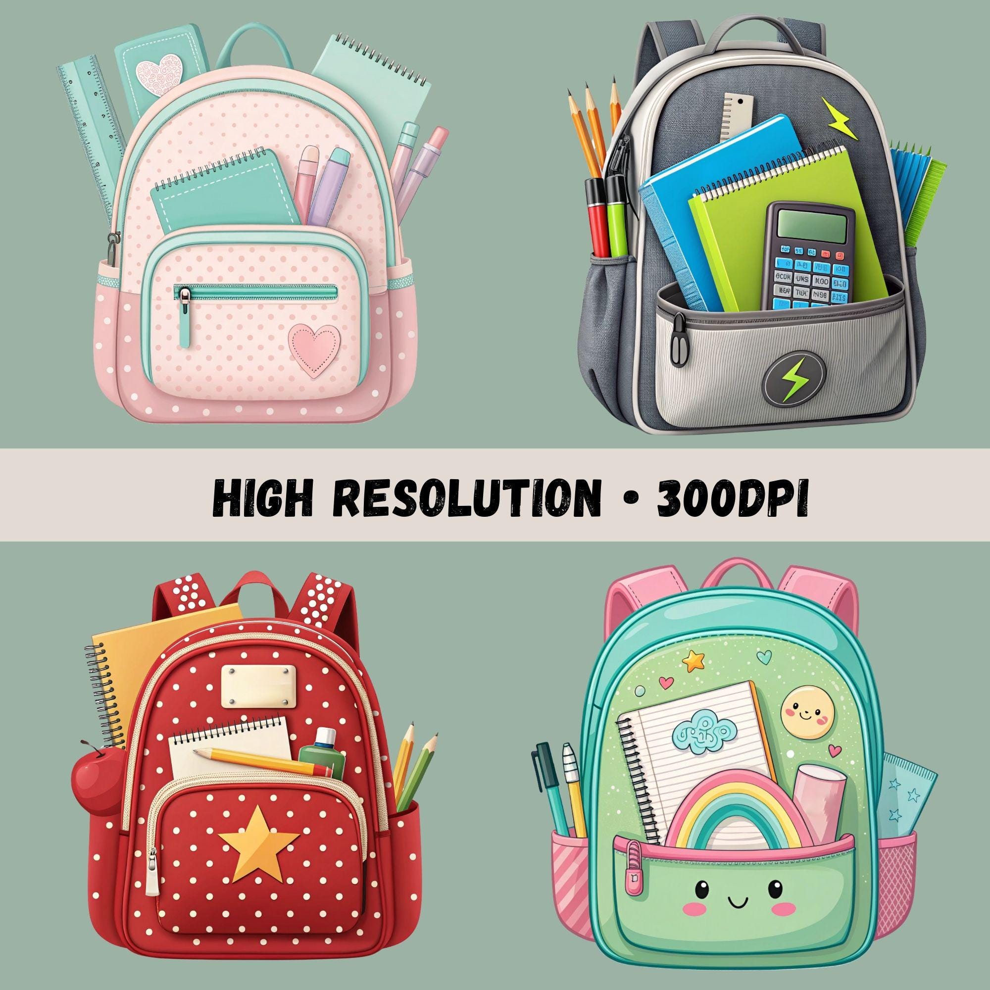 School Backpacks Clipart Bundle, 15 School Supply Graphics, Teacher ...