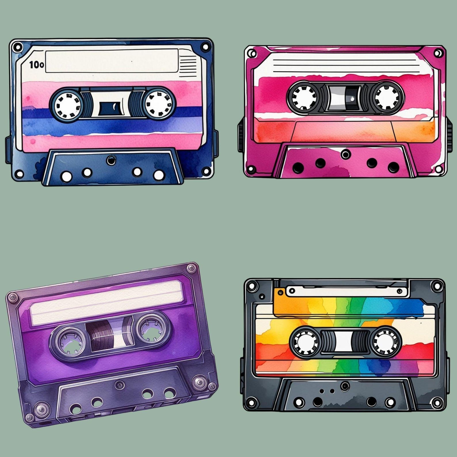 Watercolor Cassette Tape Clipart Bundle, 12 Vintage Cassette Tape ...