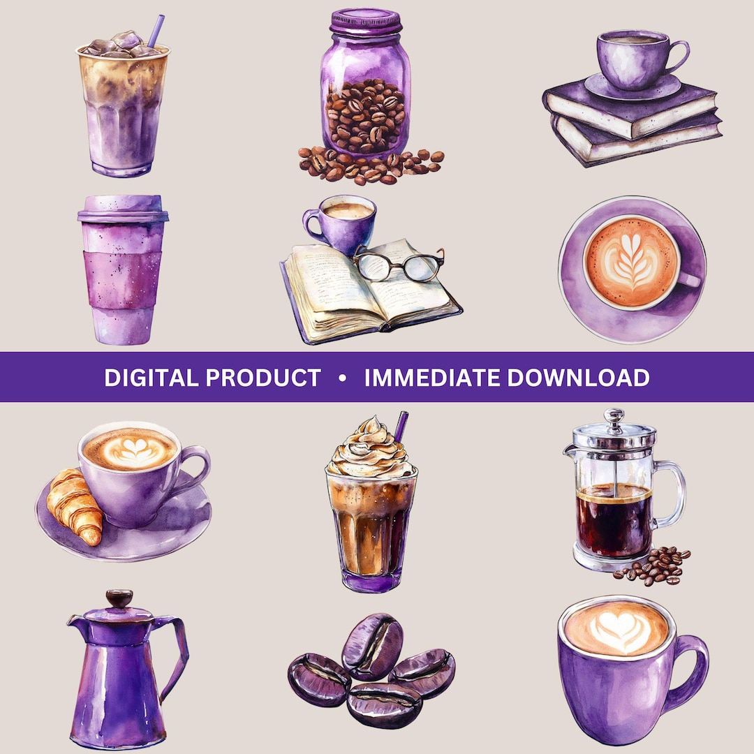 Coffee Designs in Purple Watercolor Bundle, 12 Coffee Graphics ...