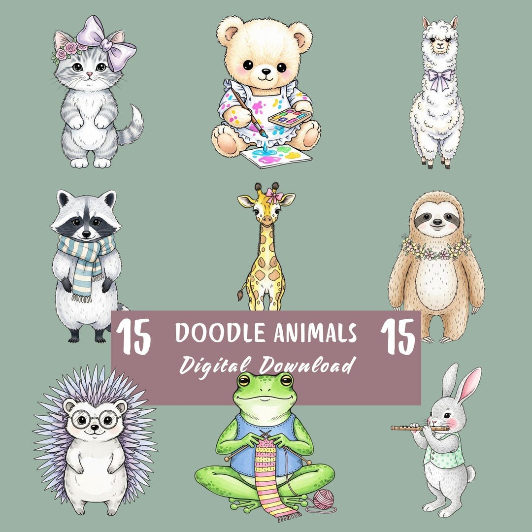 Doodle Animals Clipart PNG Bundle, 15 Cute Whimsical Critters ...