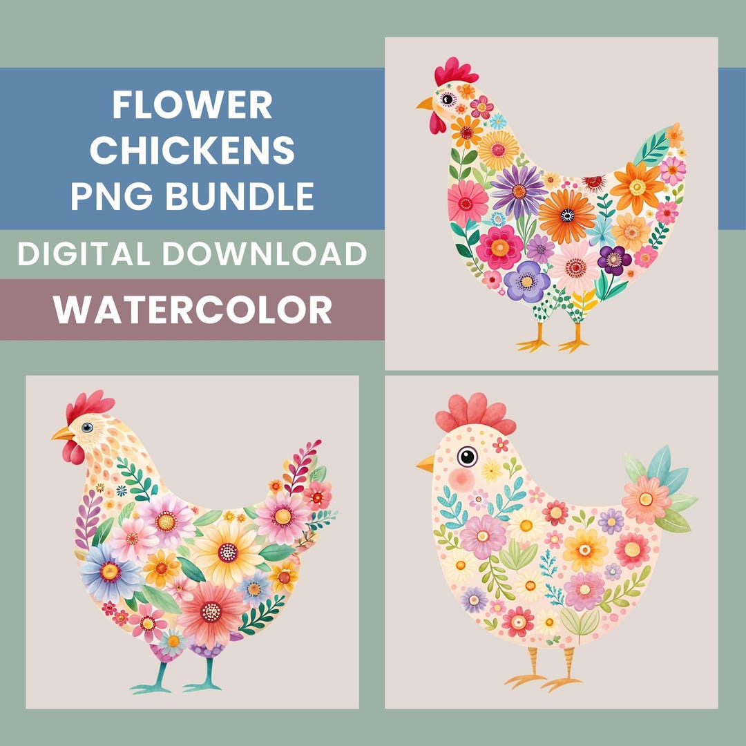 Floral Chicken Clipart Bundle, 15 Watercolor Chicken Designs, Flower ...