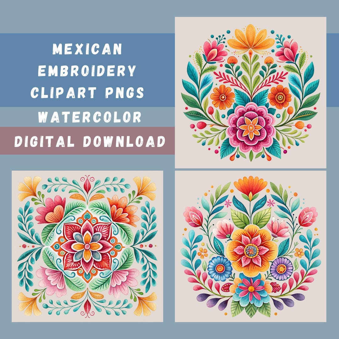 Mexican Embroidery PNG Bundle, 15 Hispanic Flower Designs, Mexican ...