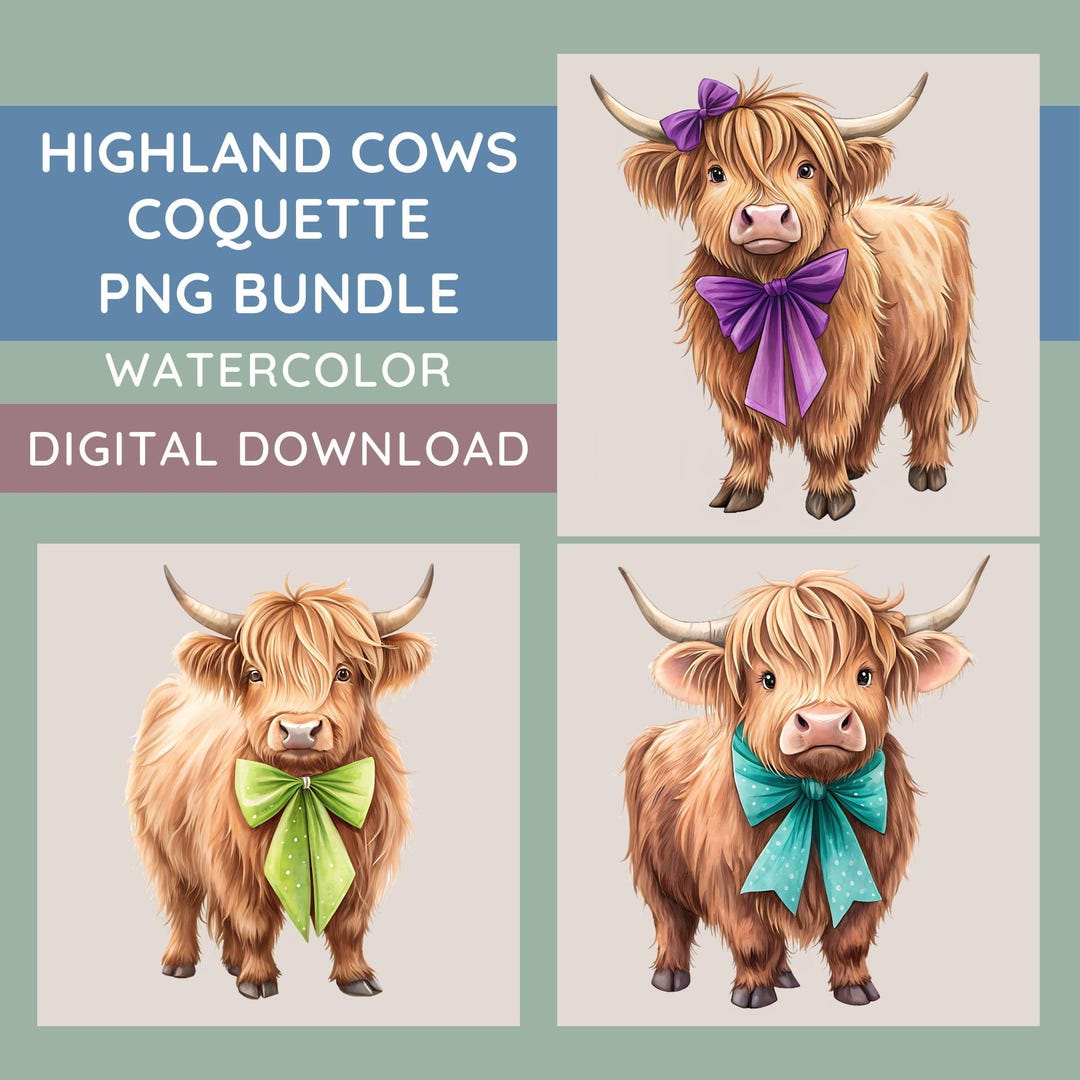 Highland Cows PNG Bundle, 15 Coquette Cows, Animal Sublimation ...
