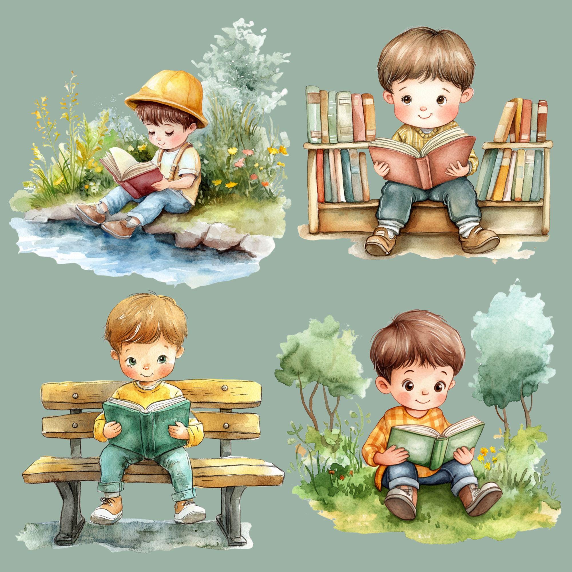 Children Reading Watercolor Bundle, 12 Children Reading Designs, Book ...