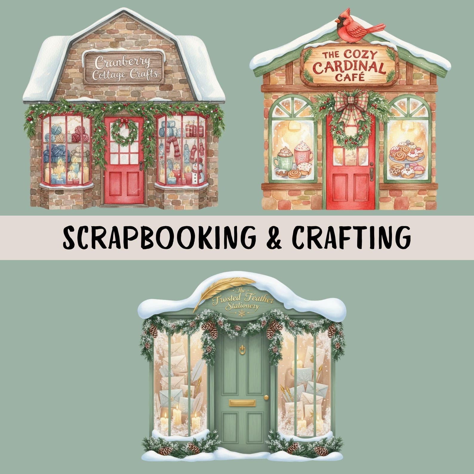 Christmas Village Clipart Bundle, 15 Watercolor Storefront Designs ...