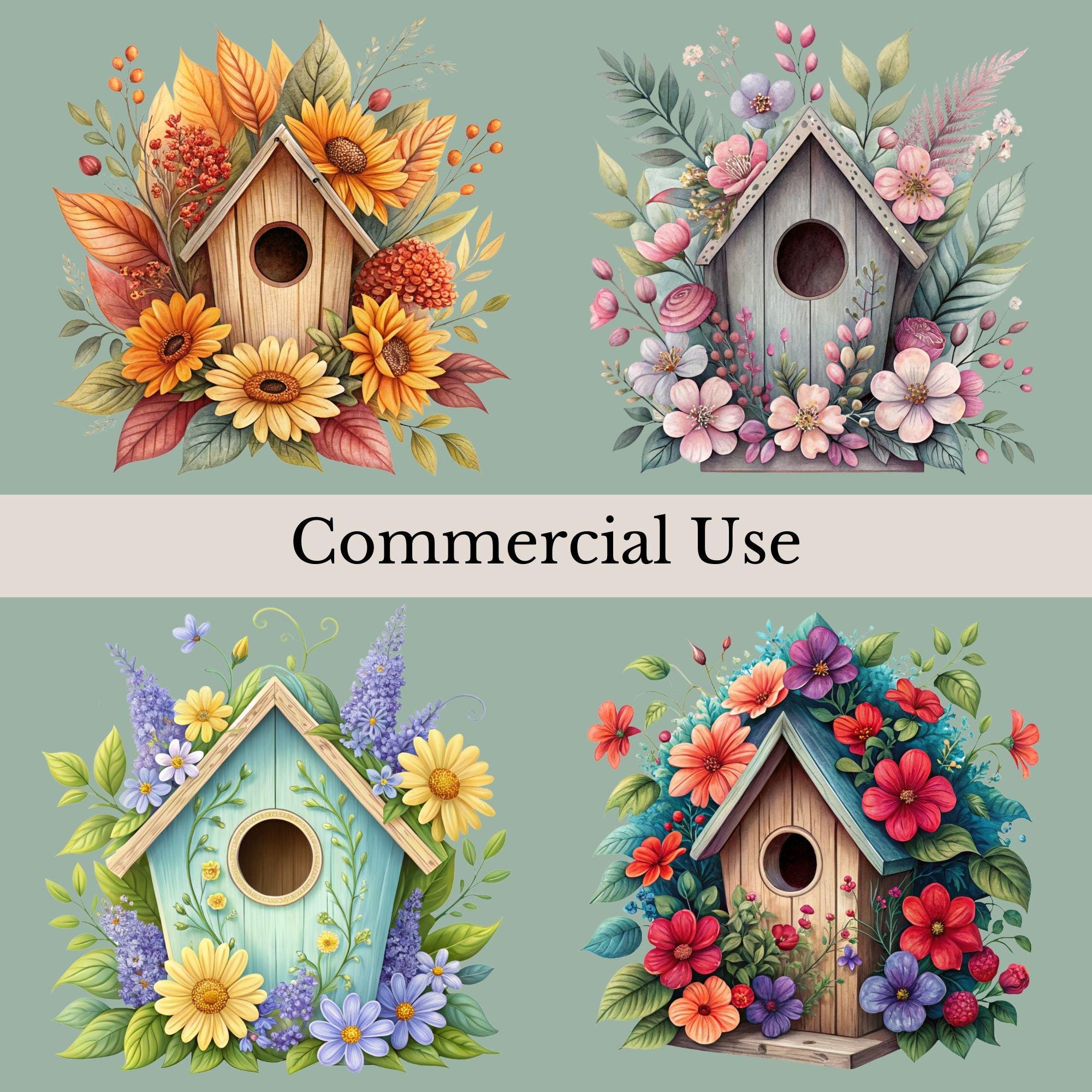 Birdhouse Clipart Bundle, 15 Watercolor Birdhouses and Flowers, Floral ...