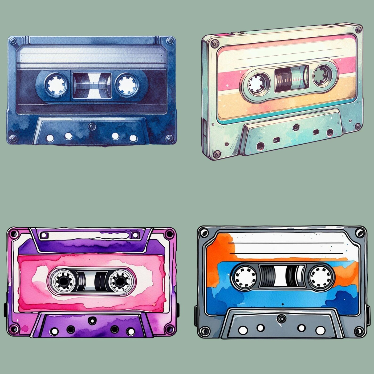 Watercolor Cassette Tape Clipart Bundle, 12 Vintage Cassette Tape ...