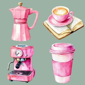Coffee Designs in Pink Watercolor Bundle, 12 Coffee Graphics ...