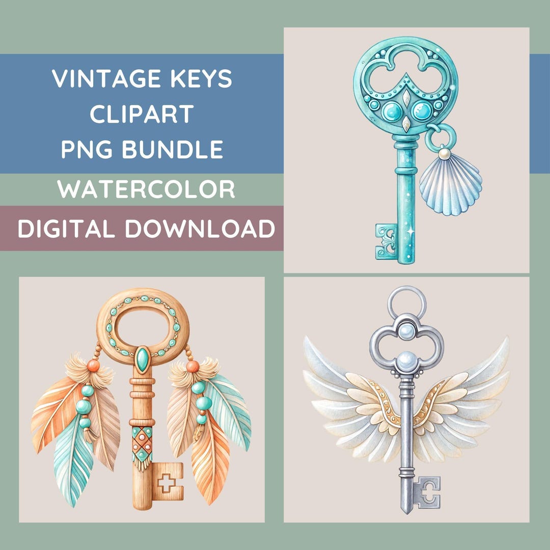 Antique Keys Clipart Bundle, 15 Watercolor Keys, Key Designs, Rustic ...