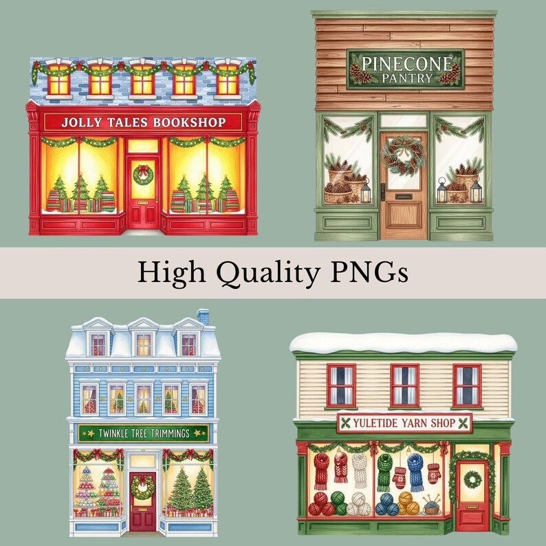 Christmas Village Clipart Bundle, 12 Watercolor Storefront Designs ...