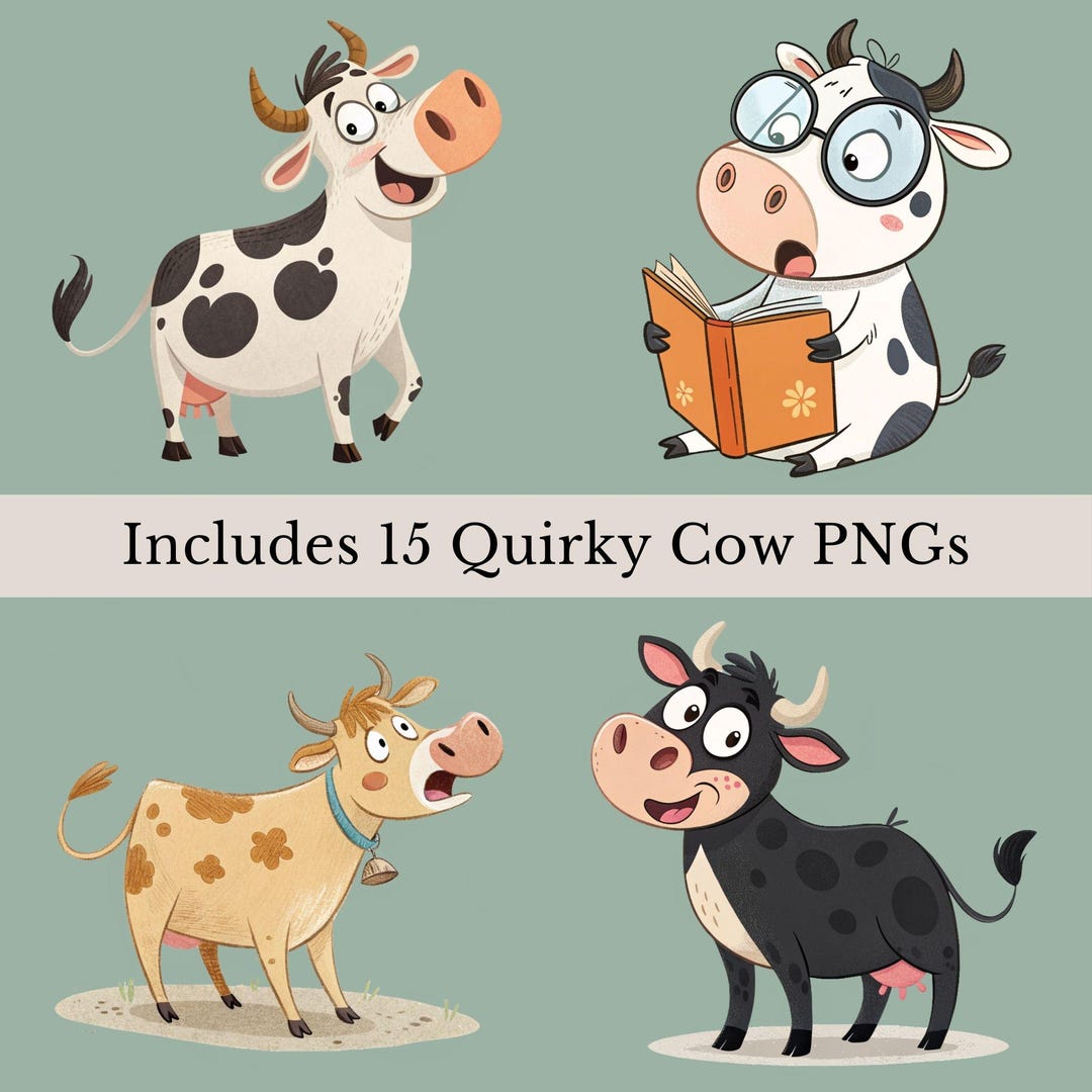 Quirky Cows Clipart Bundle, 15 Watercolor Farm Animals, Cow Sublimation ...