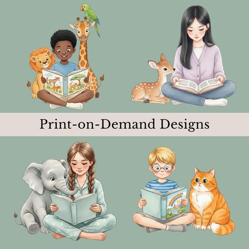 Children Reading Clipart Bundle, 20 Magical Child Designs, Watercolor ...