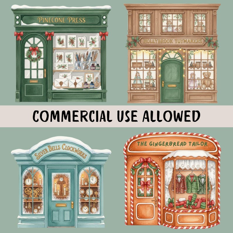 Christmas Village Clipart Bundle, 15 Watercolor Storefront Designs ...