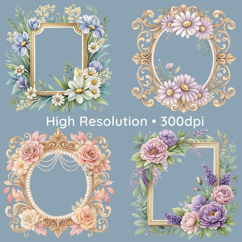 Floral Frames Clipart PNG Bundle, 15 Flower Border Designs, Flower ...