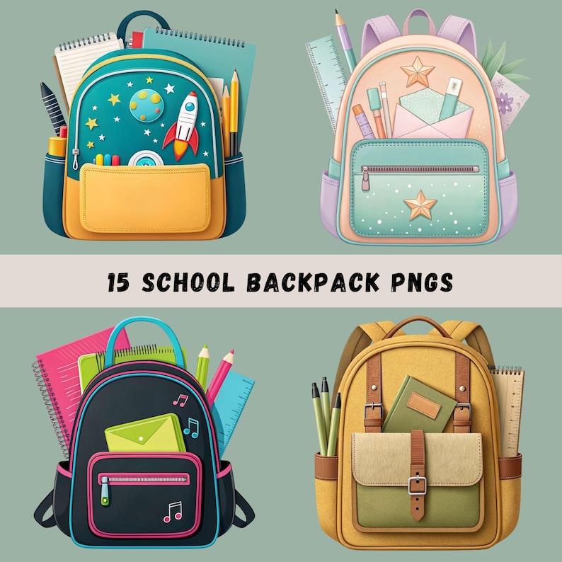 School Backpacks Clipart Bundle, 15 School Supply Graphics, Teacher ...