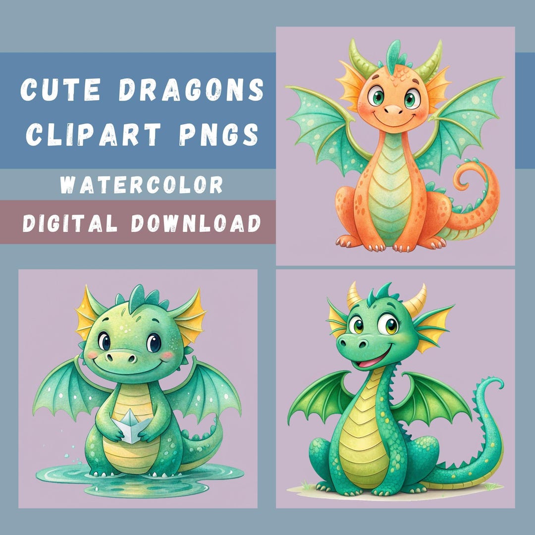 Cute Dragons Clipart Bundle, 15 Watercolor Dragons, Nursery Decor ...