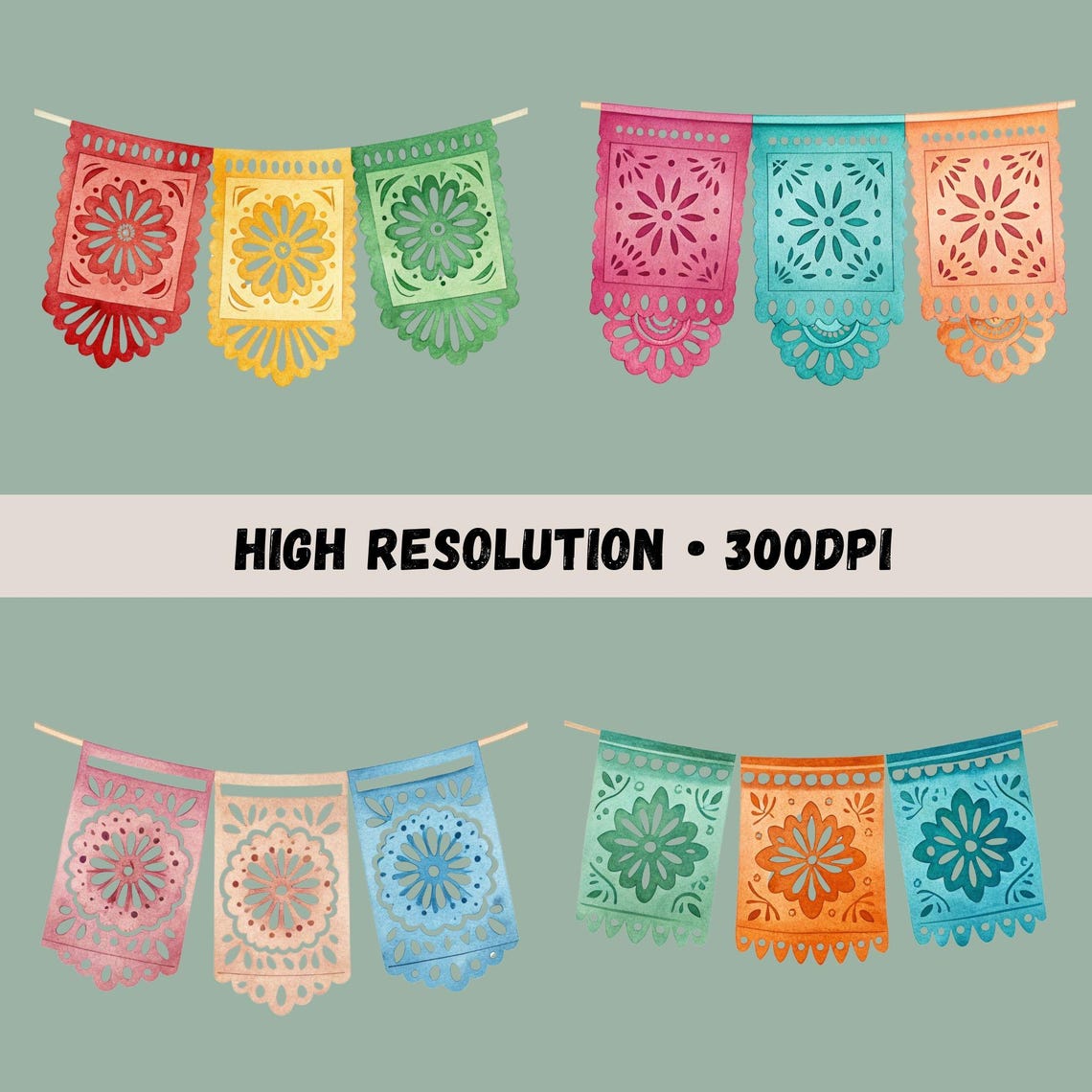 Mexican Papel Picado Banner Clipart Pngs, 15 Watercolor Banners, Banner ...