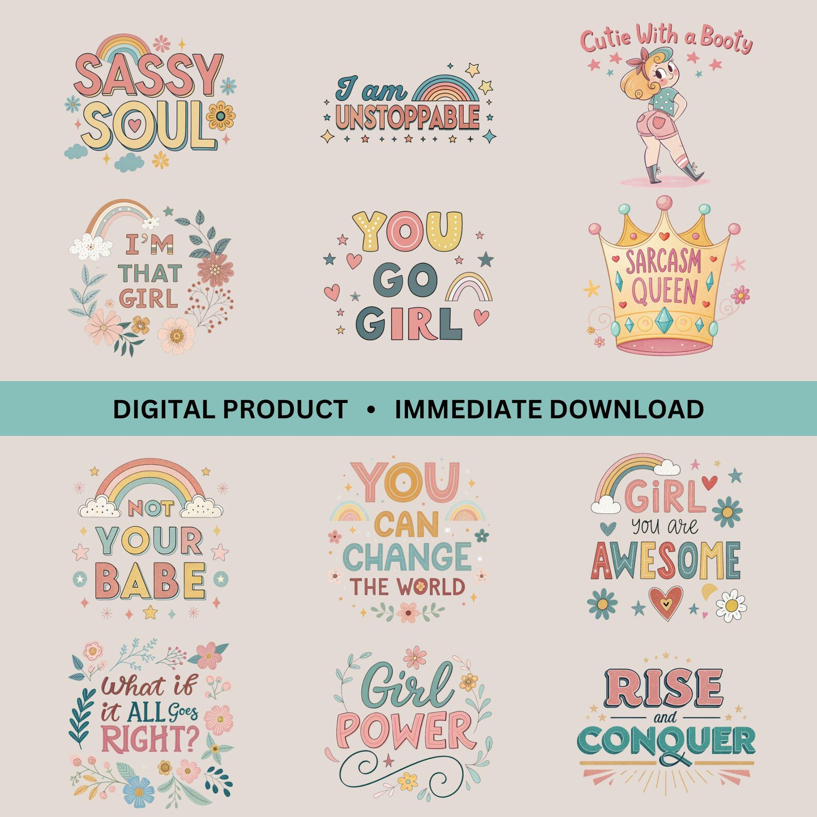 Positive Affirmations Bundle, 12 Watercolor Girl Quotes, Retro ...