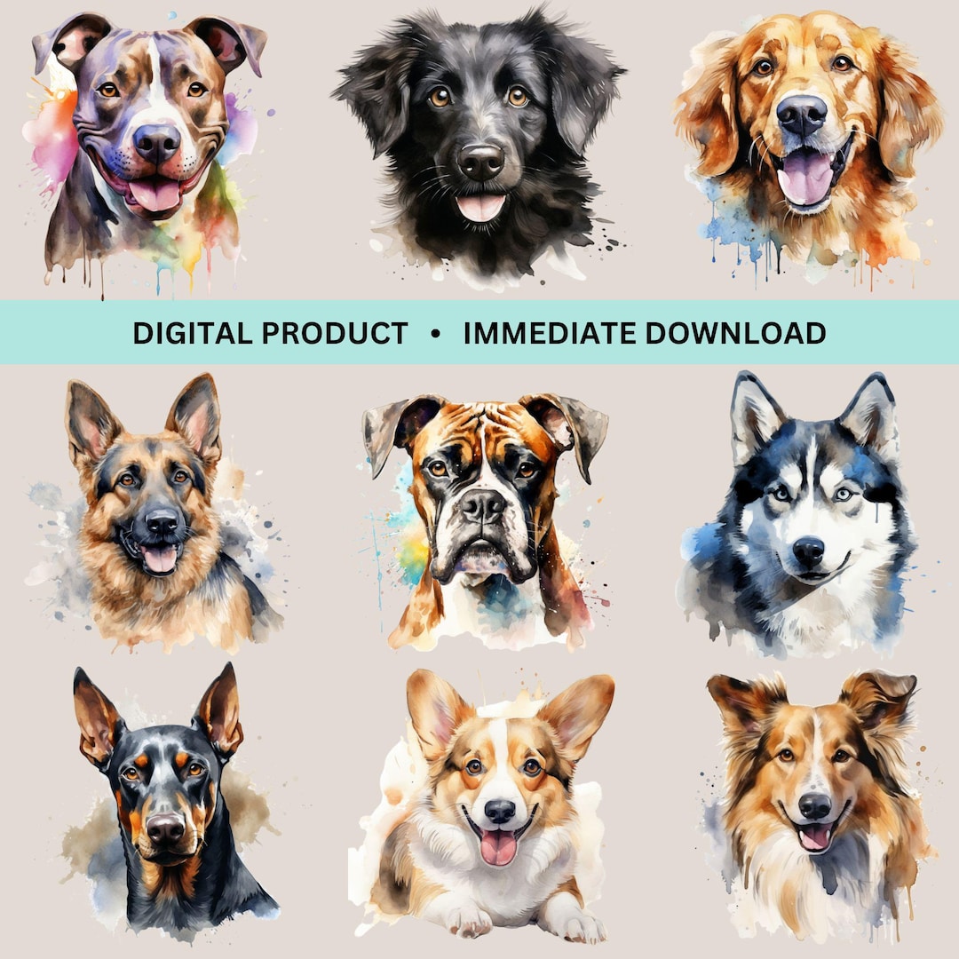 Dog Breeds Watercolor Clipart Bundle - Dog Lover Gift, Digital Pngs for ...