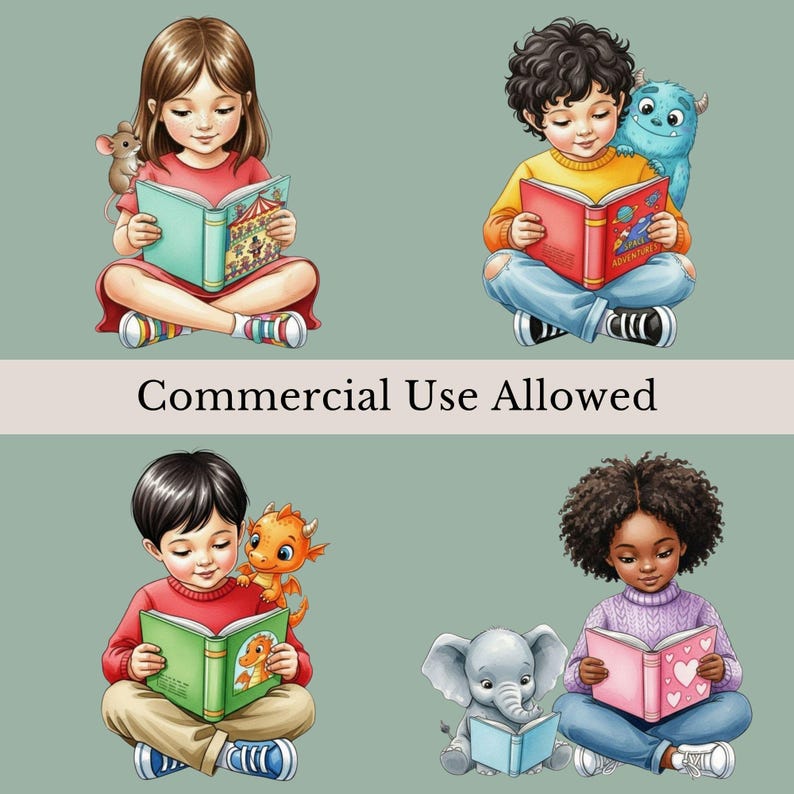 Children Reading Clipart Bundle, 20 Magical Child Designs, Watercolor ...