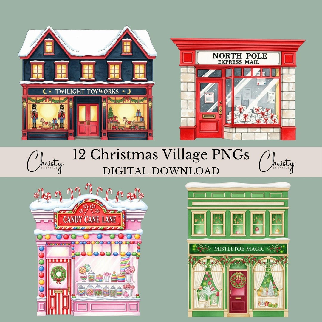 Christmas Village Clipart Bundle, 12 Watercolor Storefronts, Holiday ...