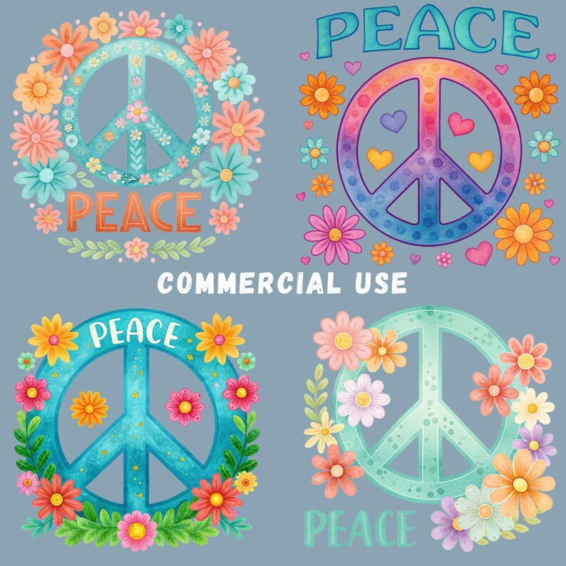 Peace Signs Clipart Bundle, 15 Watercolor Retro Peace Signs, Peace Sign ...