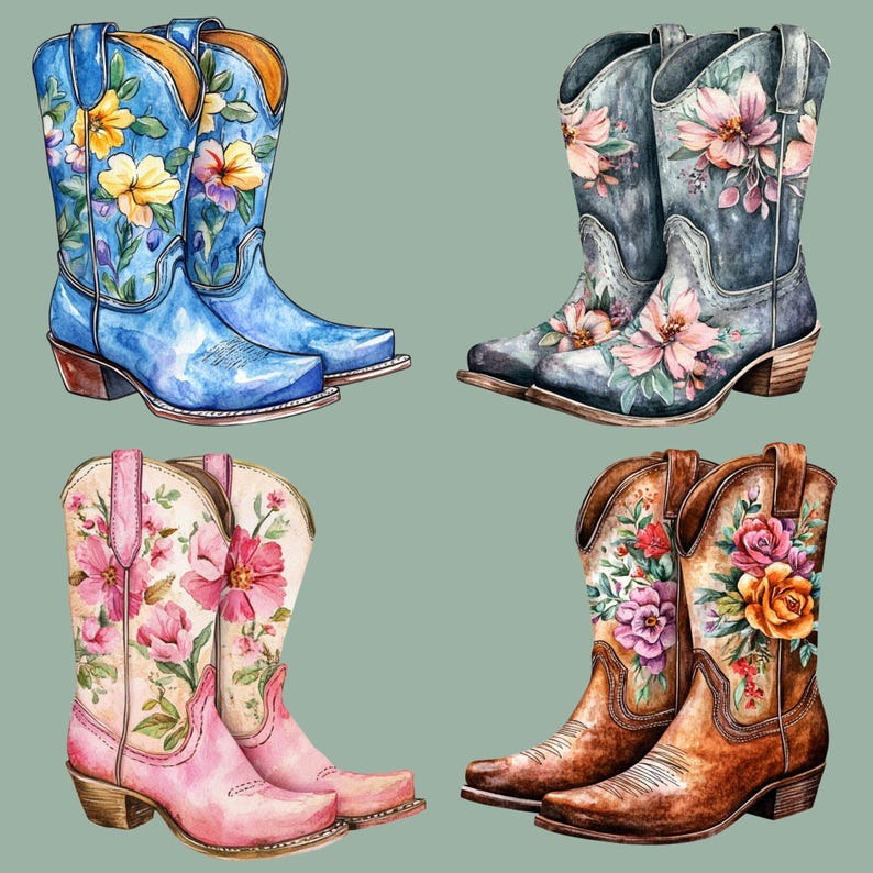 Cowgirl Boots Clipart Bundle, 12 Pastel Boot Graphics, Watercolor Boot ...