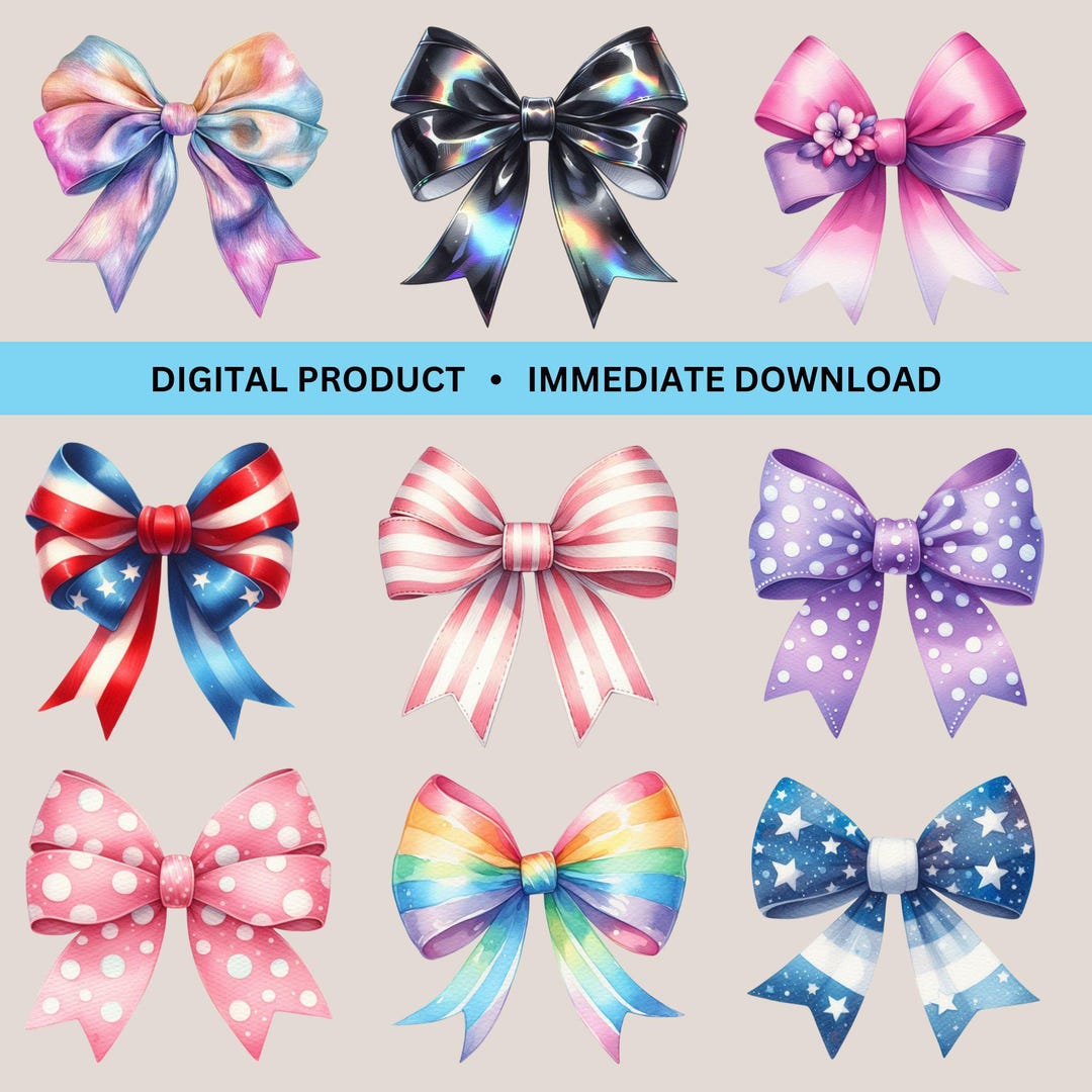 Coquette Bows, 9 Watercolor Bow Clipart, Sublimation PNG, Bow Bundle ...