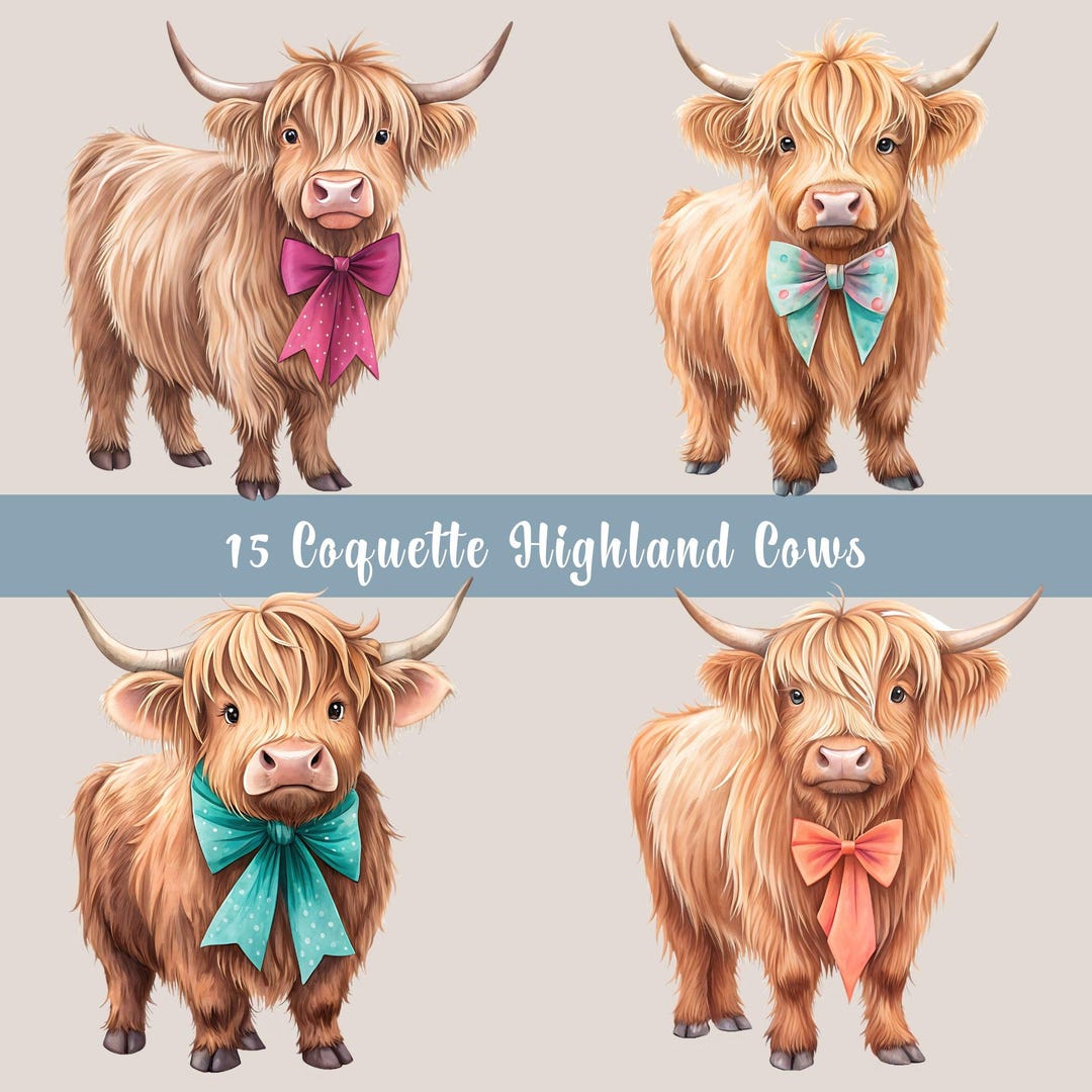 Highland Cows PNG Bundle, 15 Coquette Cows, Animal Sublimation ...