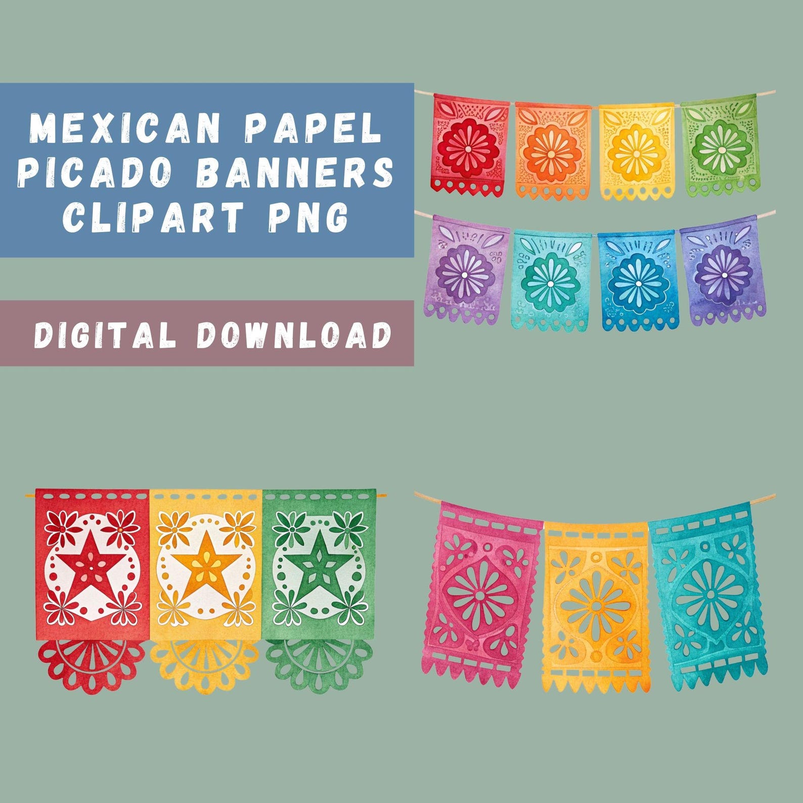 Mexican Papel Picado Banner Clipart Pngs, 15 Watercolor Banners, Banner ...