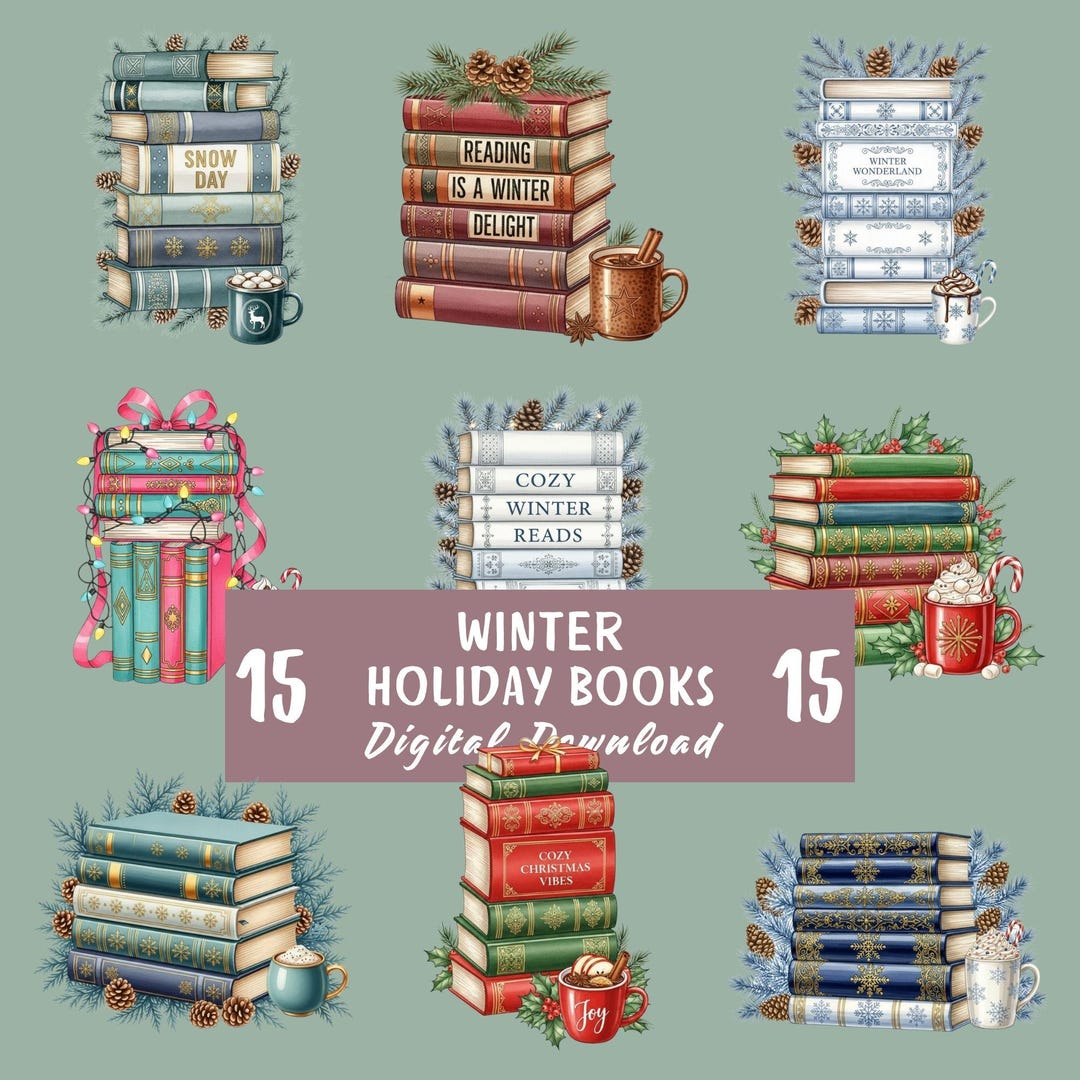 Winter & Holiday Books Clipart PNG Bundle, 15 Book Lover Designs ...