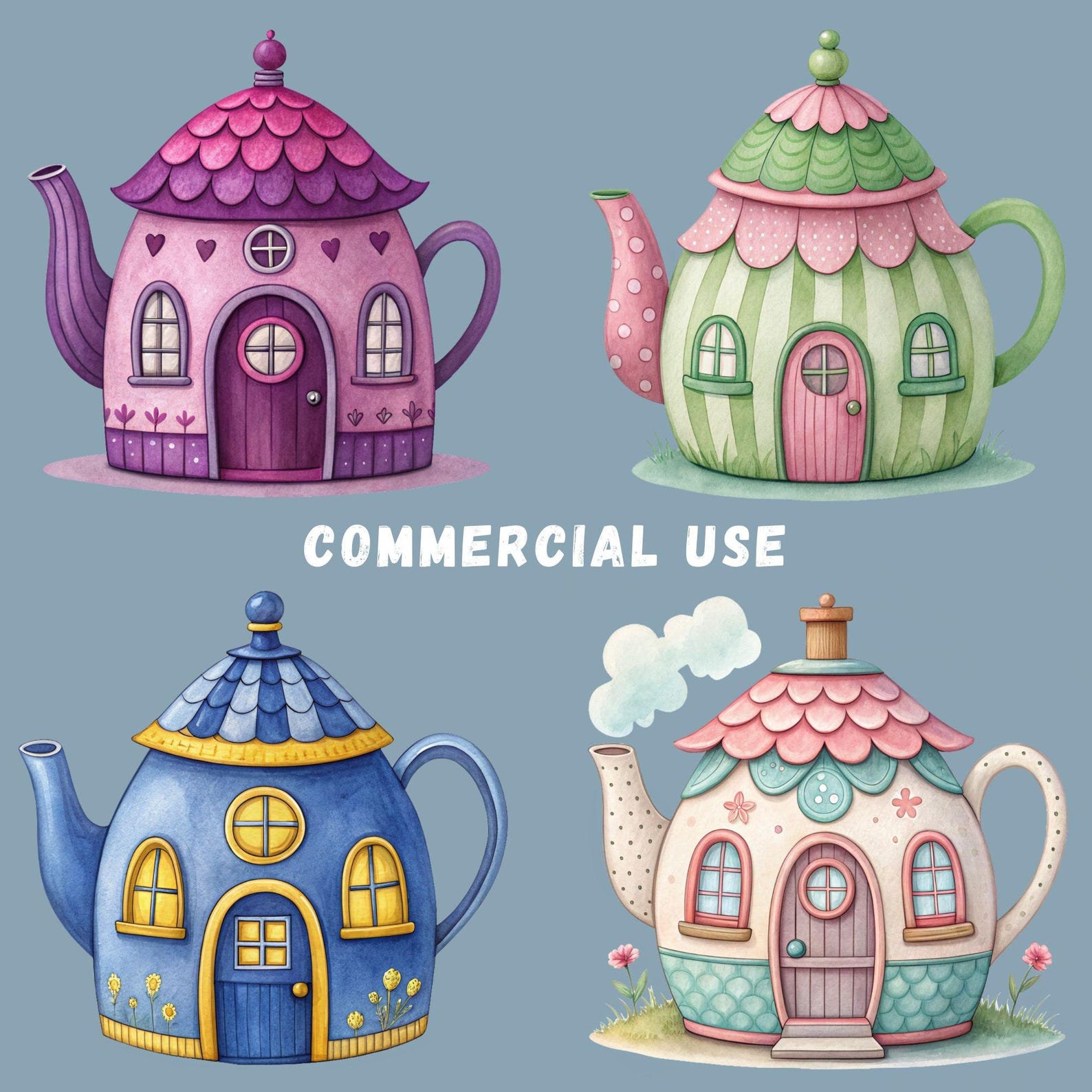 Whimsical Teapot House Bundle, 15 Watercolor Teapot Illustrations ...