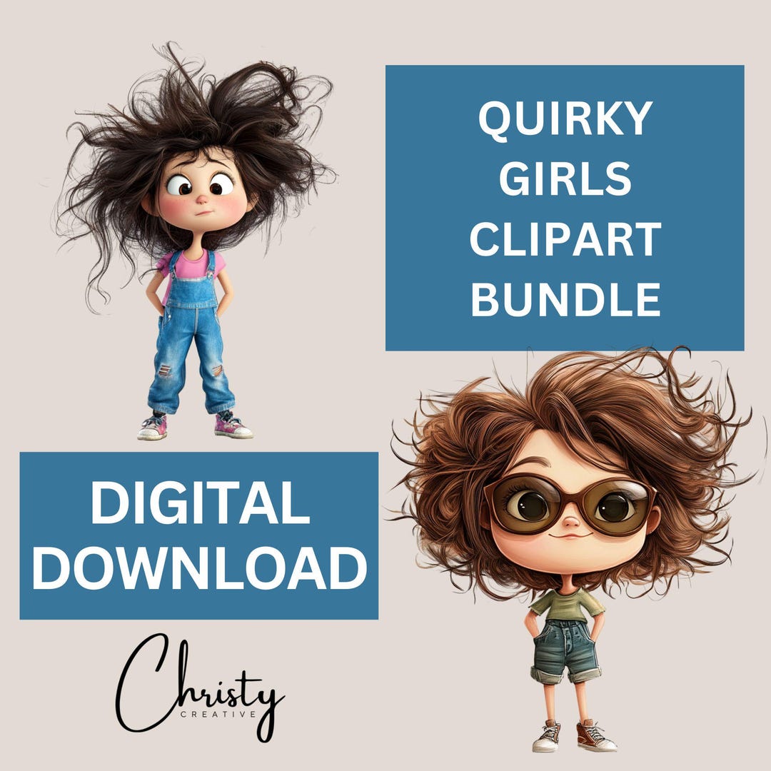 Quirky Girls Clipart Bundle, 12 Cute Girl Graphics, Whimsical Girl Clip ...