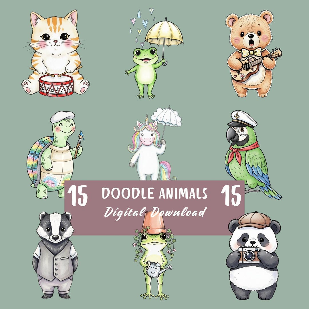 Doodle Animals Clipart PNG Bundle, 15 Cute Whimsical Critters ...