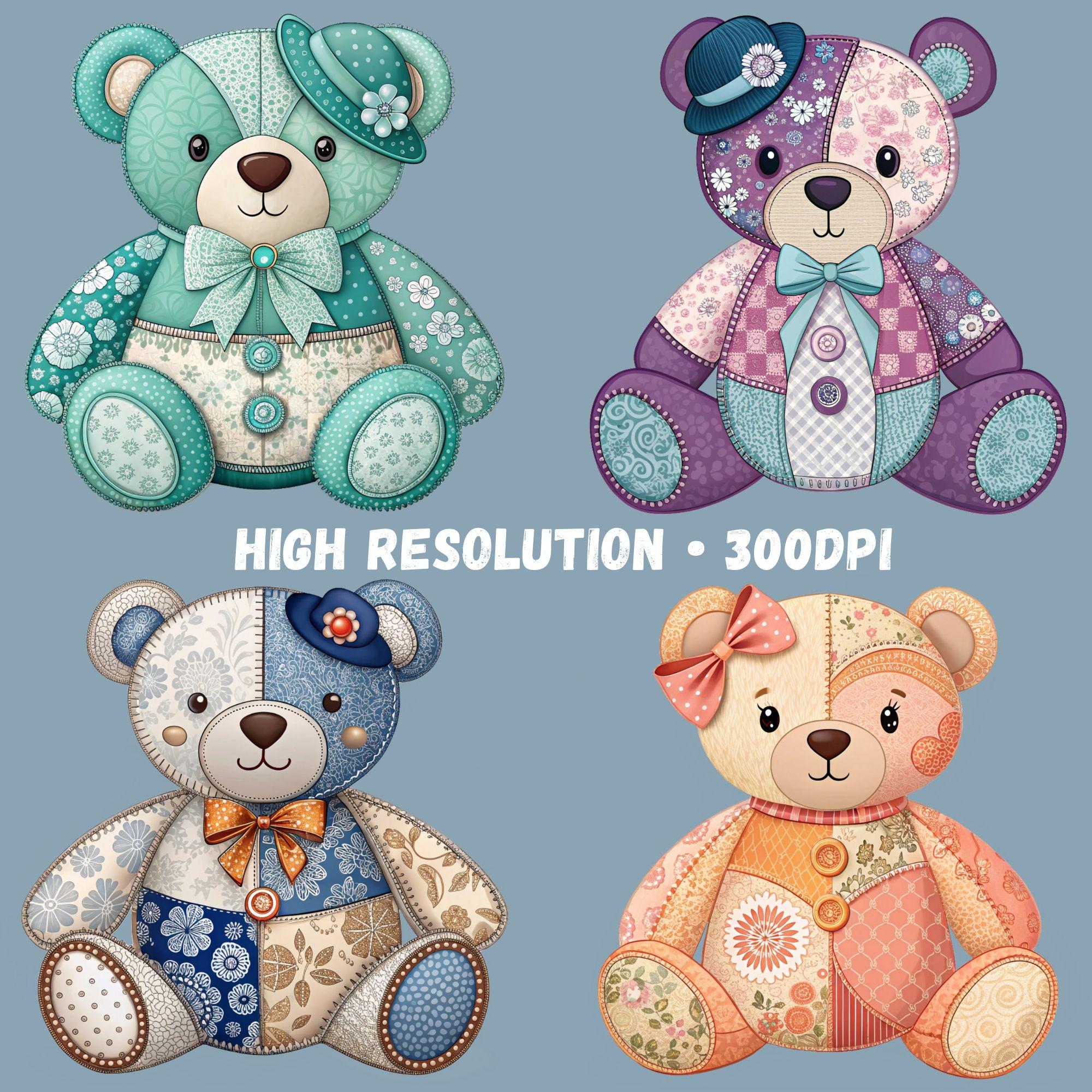 Teddy Bear Clipart Bundle 15 Patchwork Bear Watercolor Nursery Decor ...