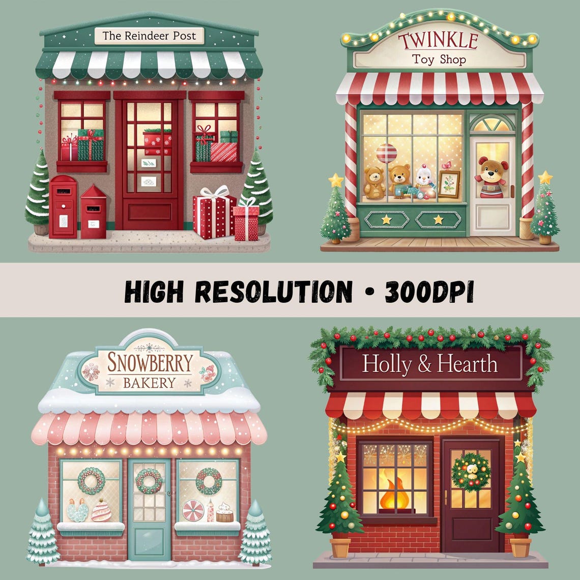Village Shops Winter Clipart Bundle, 15 Watercolor Holiday Storefronts ...
