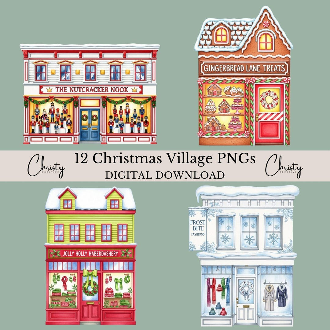 Christmas Village Clipart Bundle, 12 Watercolor Storefronts, Holiday ...