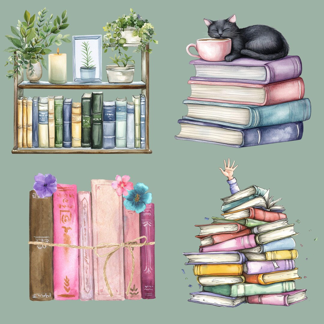 Book Lover Clipart Bundle, 12 Book Illustrations, Watercolor Graphics ...