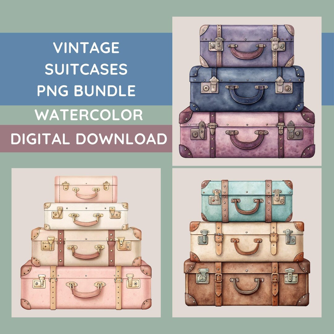 Antique Suitcases Clipart Bundle 15 Watercolor Travel Graphics Retro ...