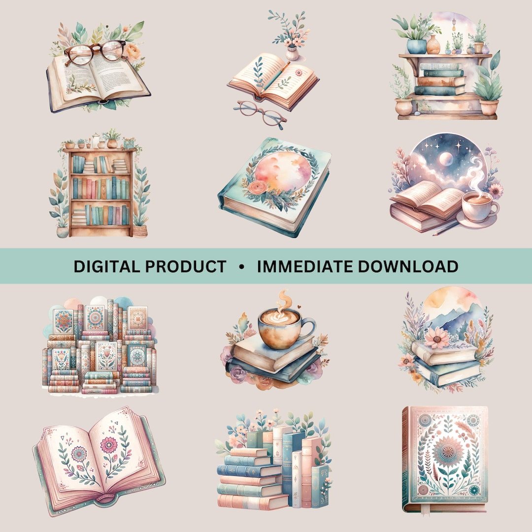 Boho Books Clipart Bundle, 12 Watercolor Book Images, Book Clip Art ...